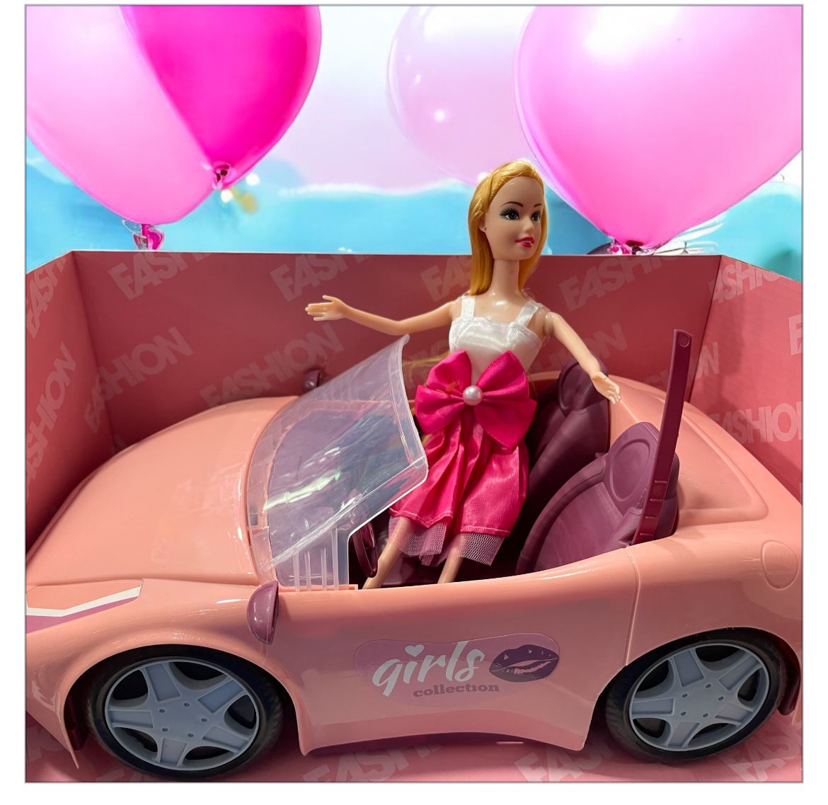 auto rosa con muñeca – Paraiso Peluches